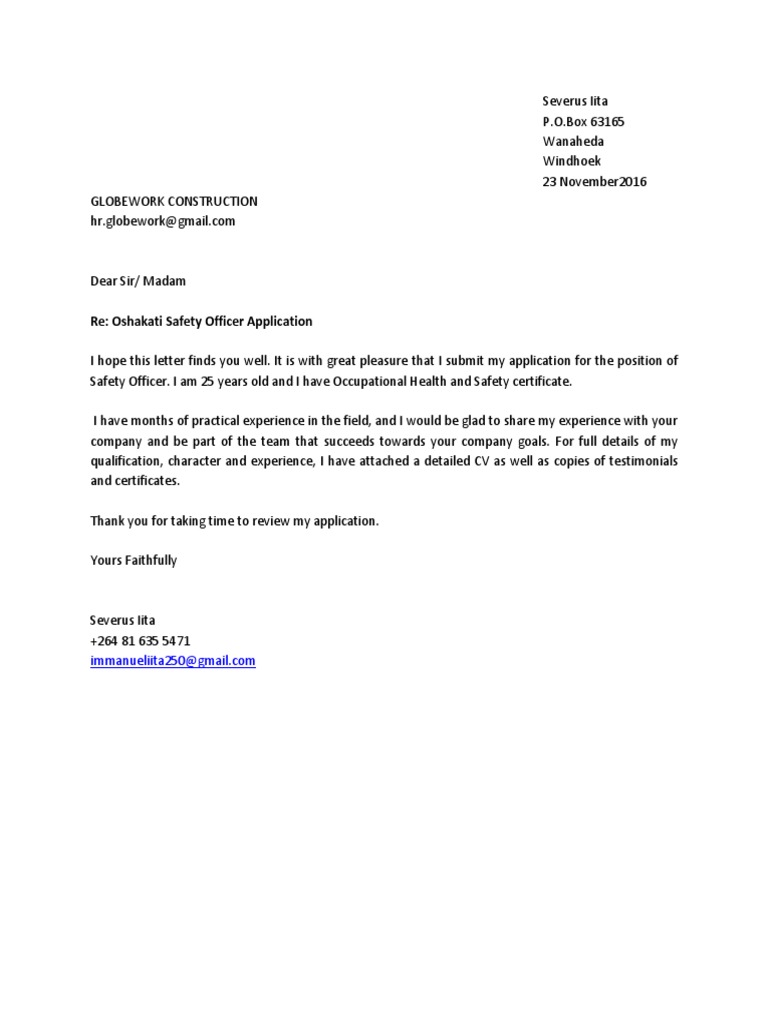 Re: Oshakati Safety Officer Application | PDF