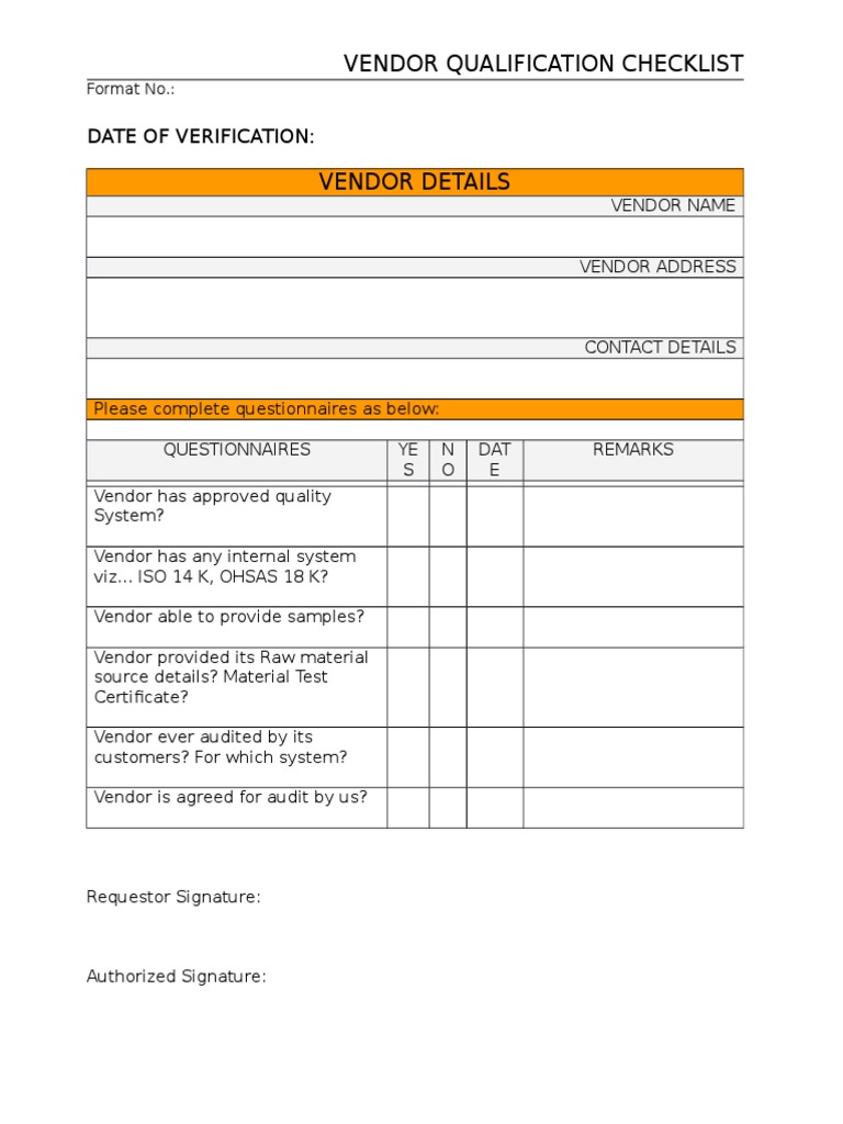 Vendor Qualification Check List | PDF
