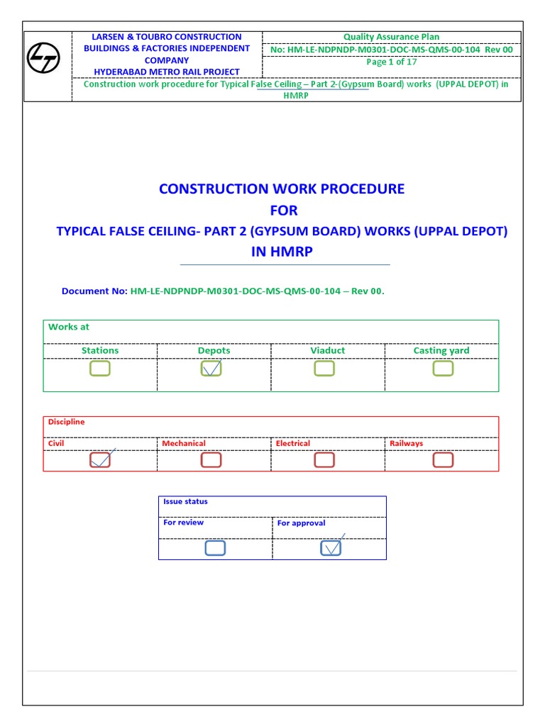 Gypsum False Ceiling Work Procedure | PDF | Drywall | Scaffolding
