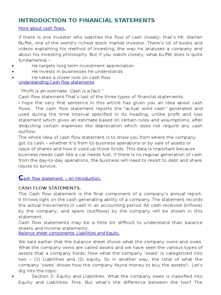 Introduction To Financial Statements | PDF | Income Statement | Expense