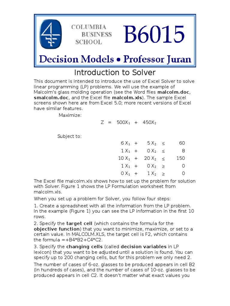 Introduction To Solver: Smalcolm - Doc, and The Excel File Malcolm - XLS) - The Sample Excel ...