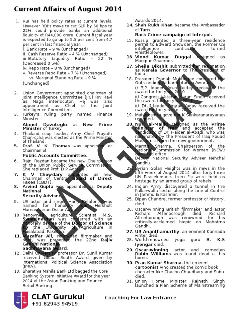 Current Affairs - August 2014 | PDF | Government Of India | Economy ...