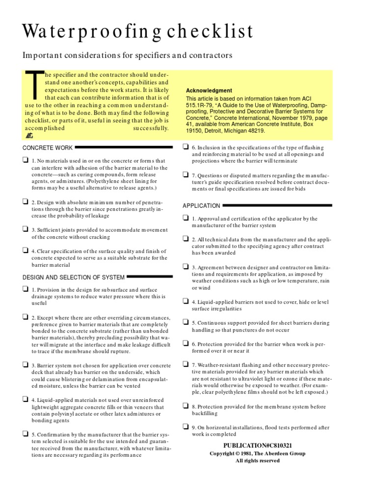 Concrete Construction Article PDF - Waterproofing Checklist | PDF ...