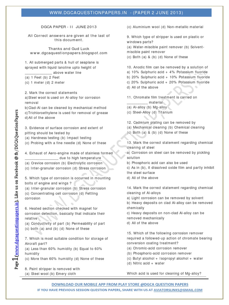 DGCA PAPER 2 JUNE 2013 QUESTIONS AND ANSWERS | PDF | Corrosion | Chemistry