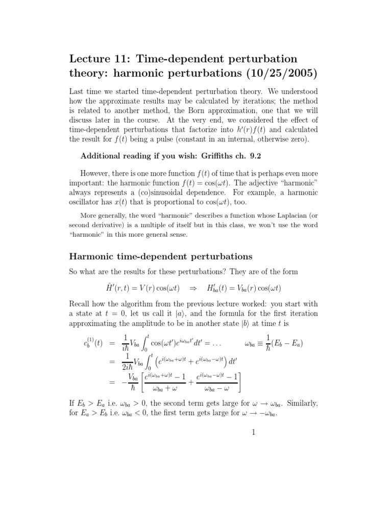 Lecture 11: Time-Dependent Perturbation Theory: Harmonic Perturbations (10/25/2005) | PDF ...