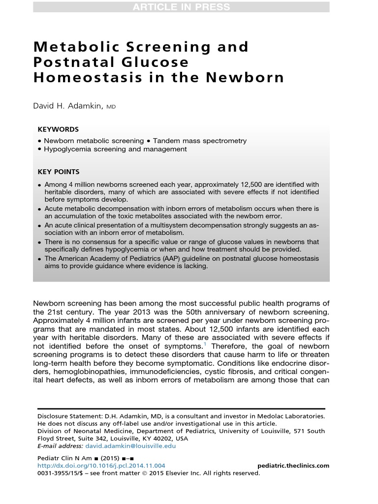 Metabolic Screening and Postnatal Glucose Homeostasis in The Newborn ...