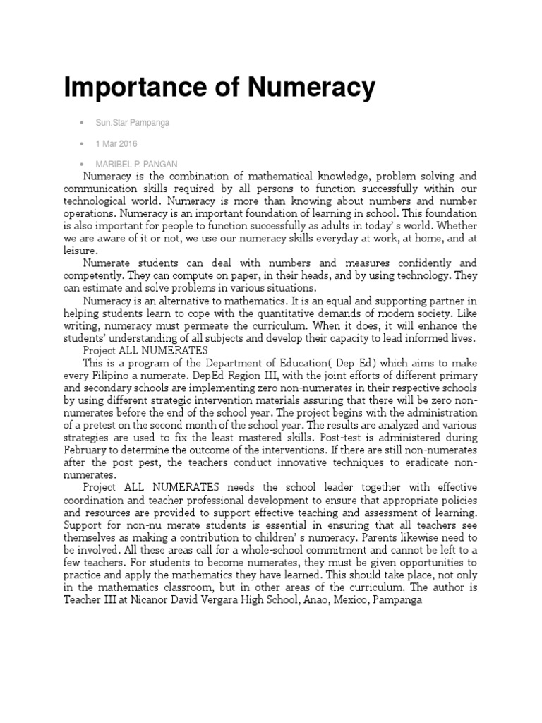 Importance of Numeracy | Download Free PDF | Teachers | Curriculum