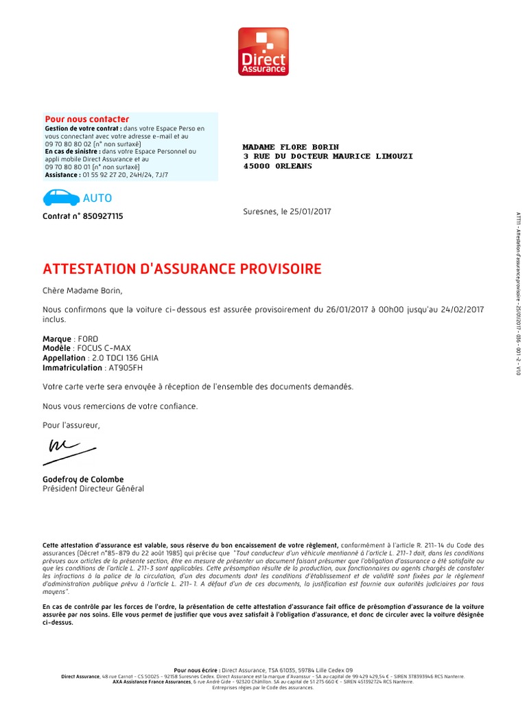 Attestation d'assurance auto provisoire | PDF