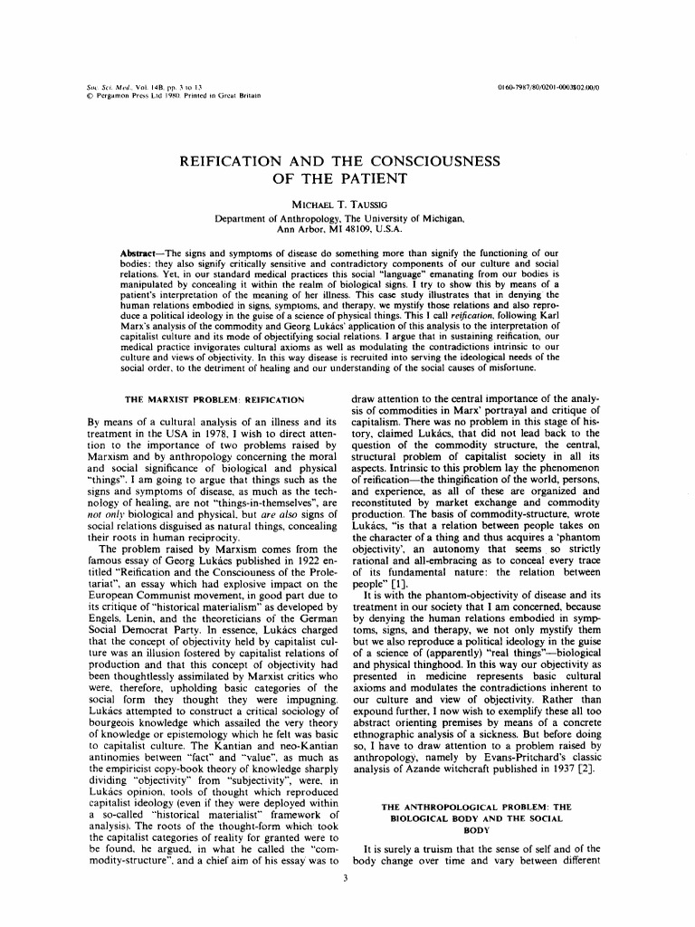 Reification in Patient Consciousness | PDF | Marxism | Psychological ...