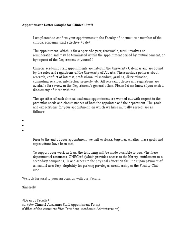 Appointment Letter Sample For Clinical Staff | PDF