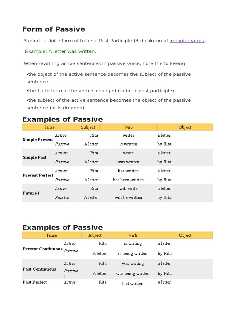Form of Passive: Example: A Letter Was Written | PDF | Subject (Grammar ...
