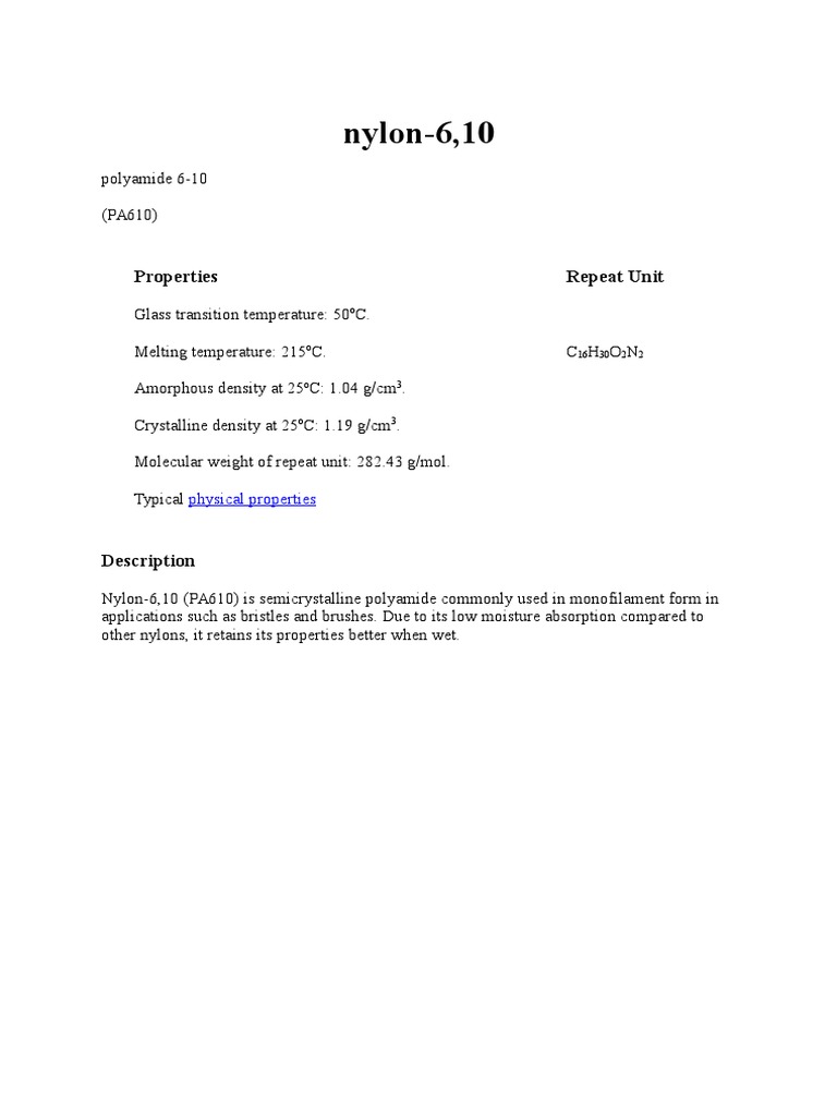 Nylon-6,10: Properties Repeat Unit | PDF