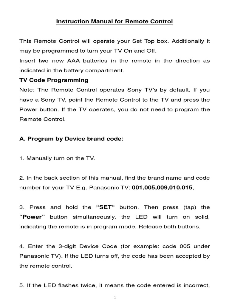 Remote Control Instruction Manual for TV and Set Top Box Programming ...