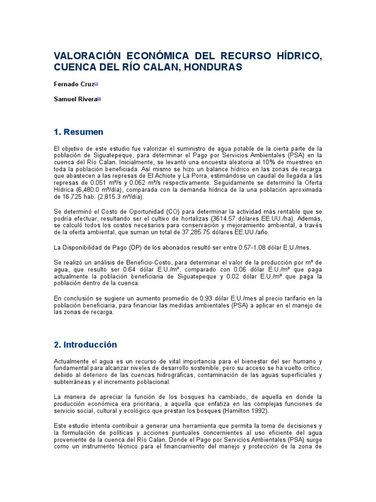 Valoración Económica Del Recurso Hídrico, Cuenca Del Río Calan ...