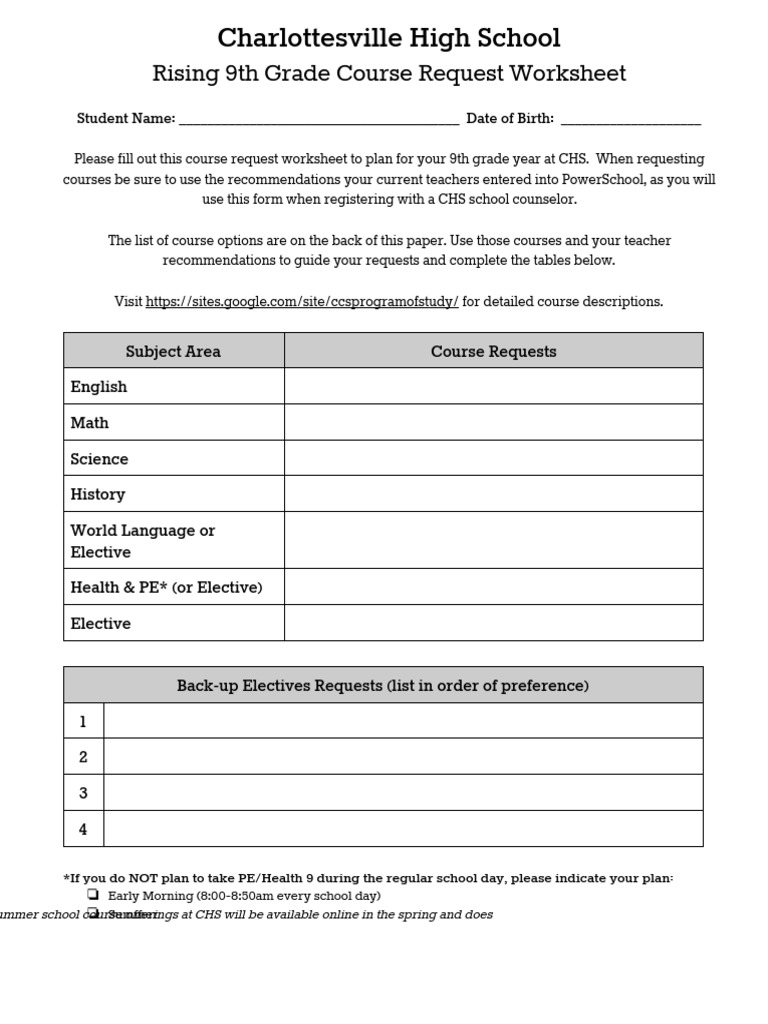 Rising 9th Grade Course Request Worksheet | PDF