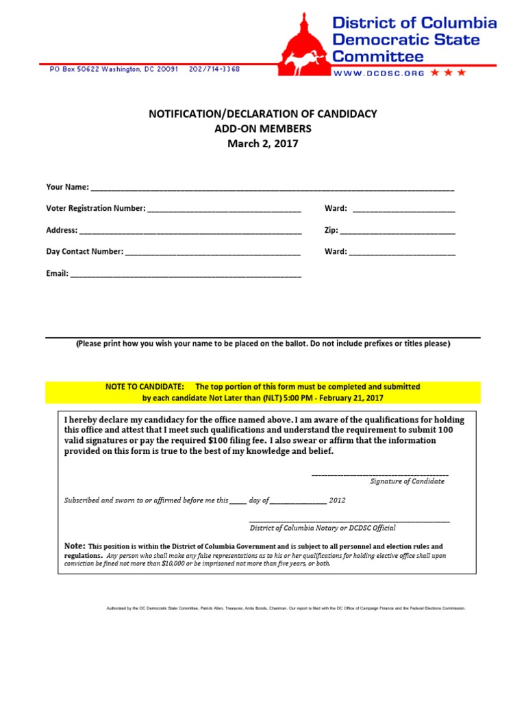 DCDSC Notification & Declaration of Candidacy For Add-On Members | PDF