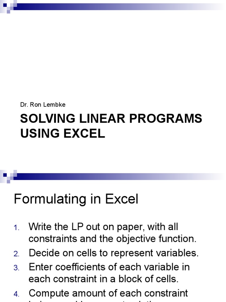 Solving Linear Programs Using Excel: Dr. Ron Lembke | PDF | Linear Programming | Microsoft Excel