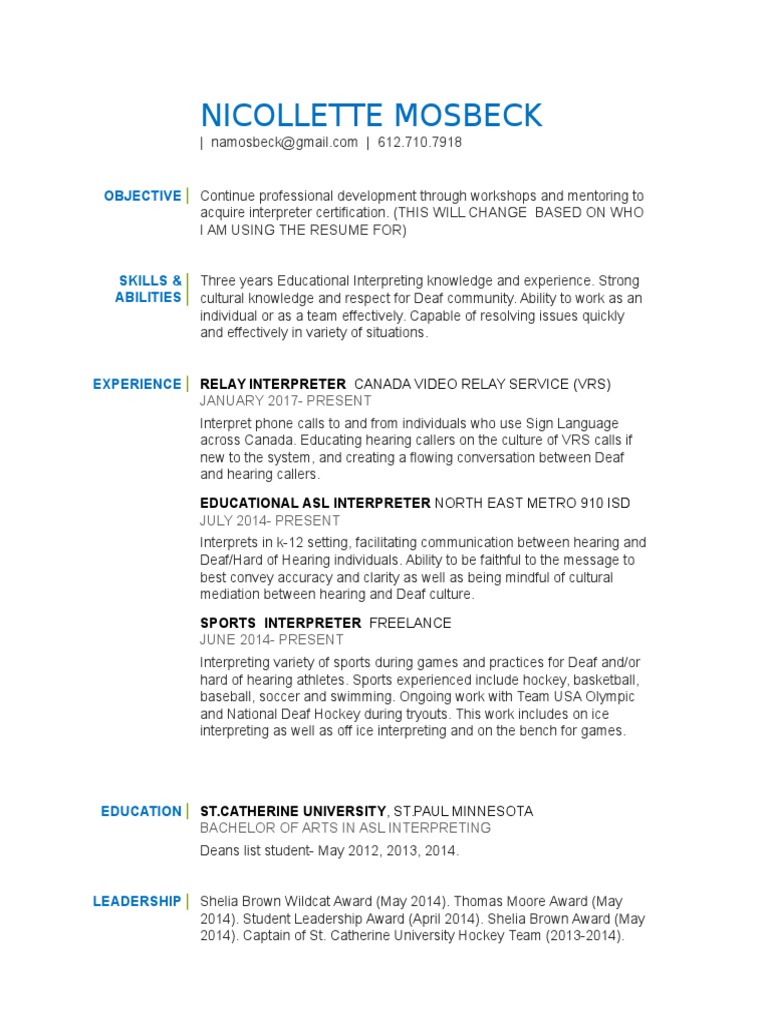 ASL Interpreter Resume for Nicollette Mosbeck | PDF