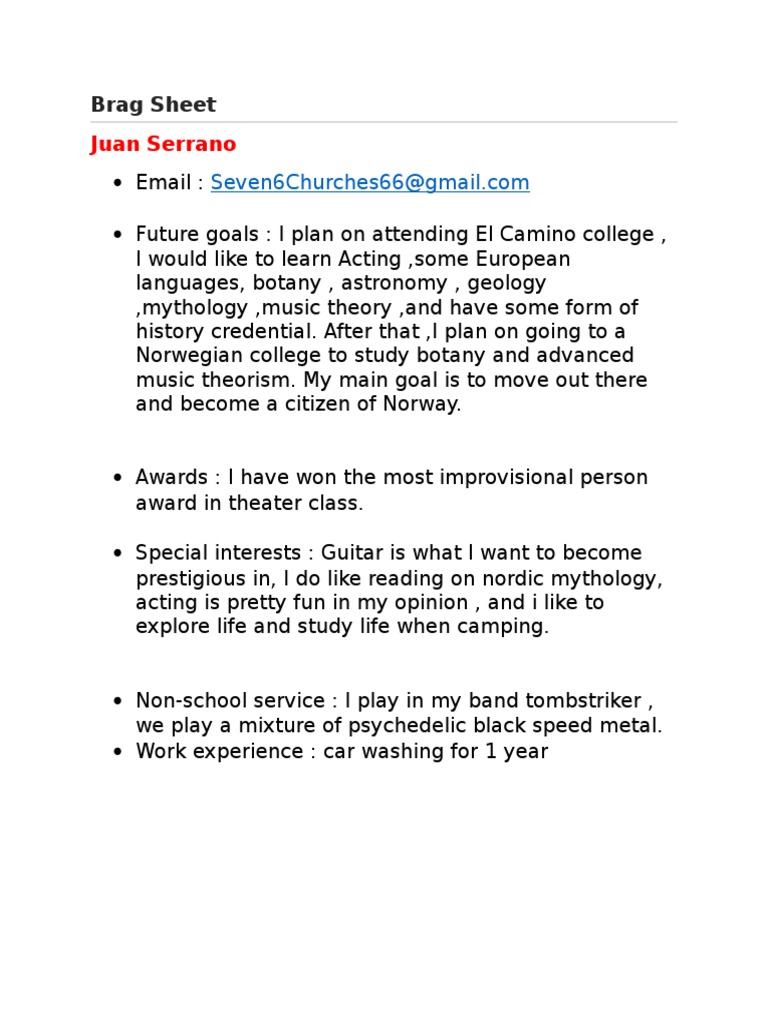 Brag Sheet | PDF