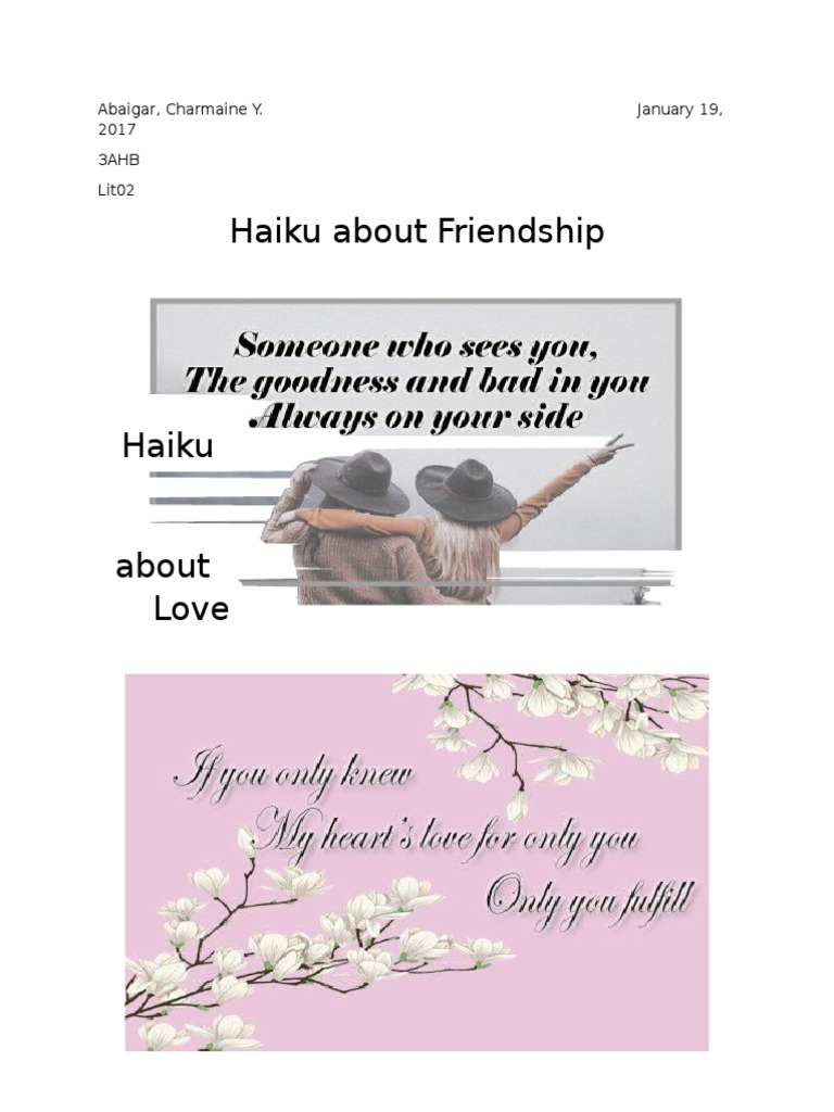 Haiku About Friendship: Abaigar, Charmaine Y. January 19, 2017 3ahb ...