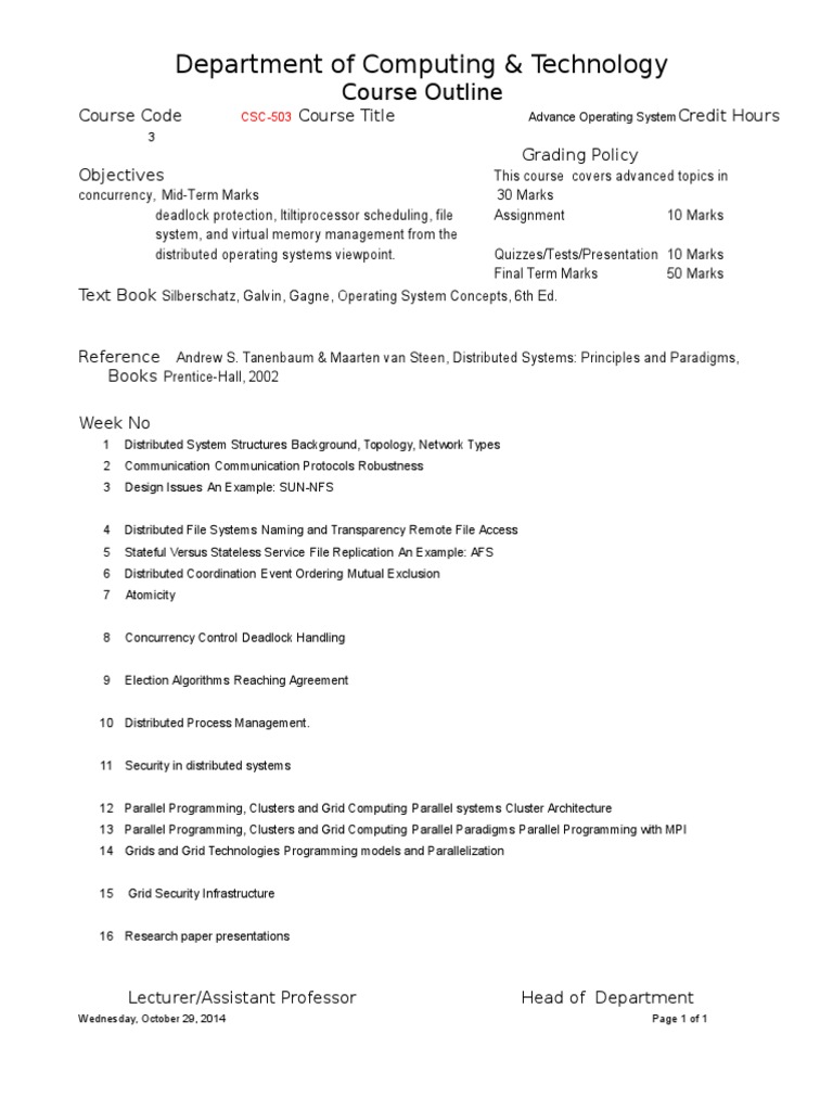 Department of Computing & Technology: Course Outline | PDF