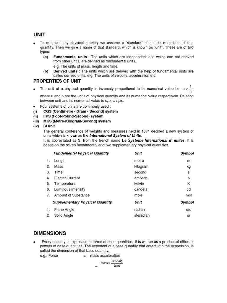 Class 11 CH 1 Unit & Dimension PDF | PDF | Units Of Measurement ...