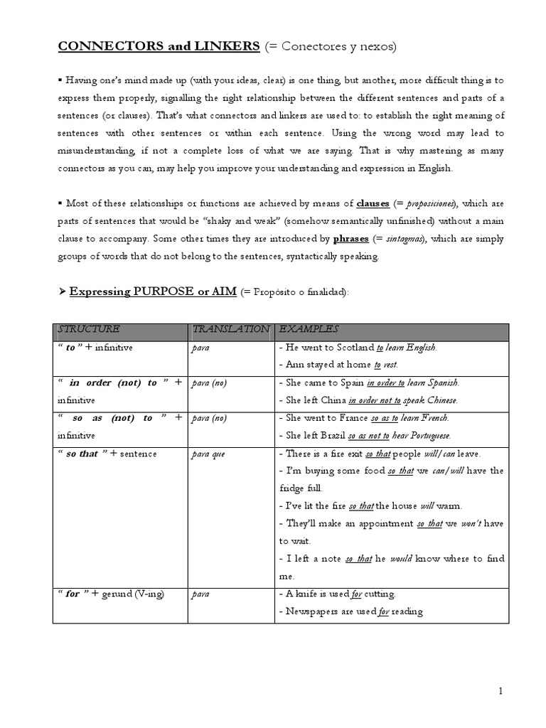 Connectors and Linkers PDF | PDF | Clause | Sentence (Linguistics)