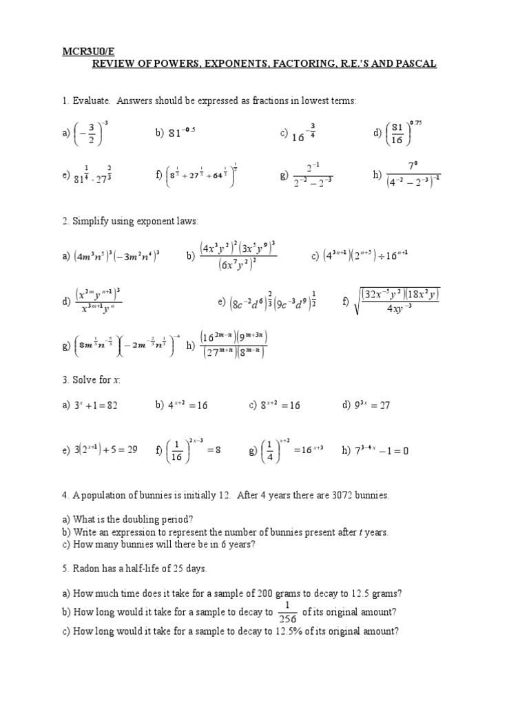 Math Review: Powers, Exponents, Factoring | PDF | Radioactive Decay ...
