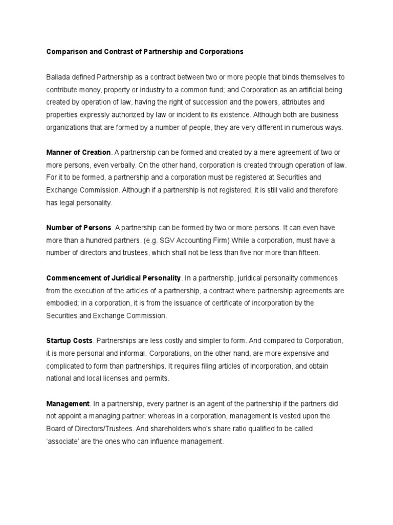 Comparison and Contrast of Partnership and Corporations | PDF ...