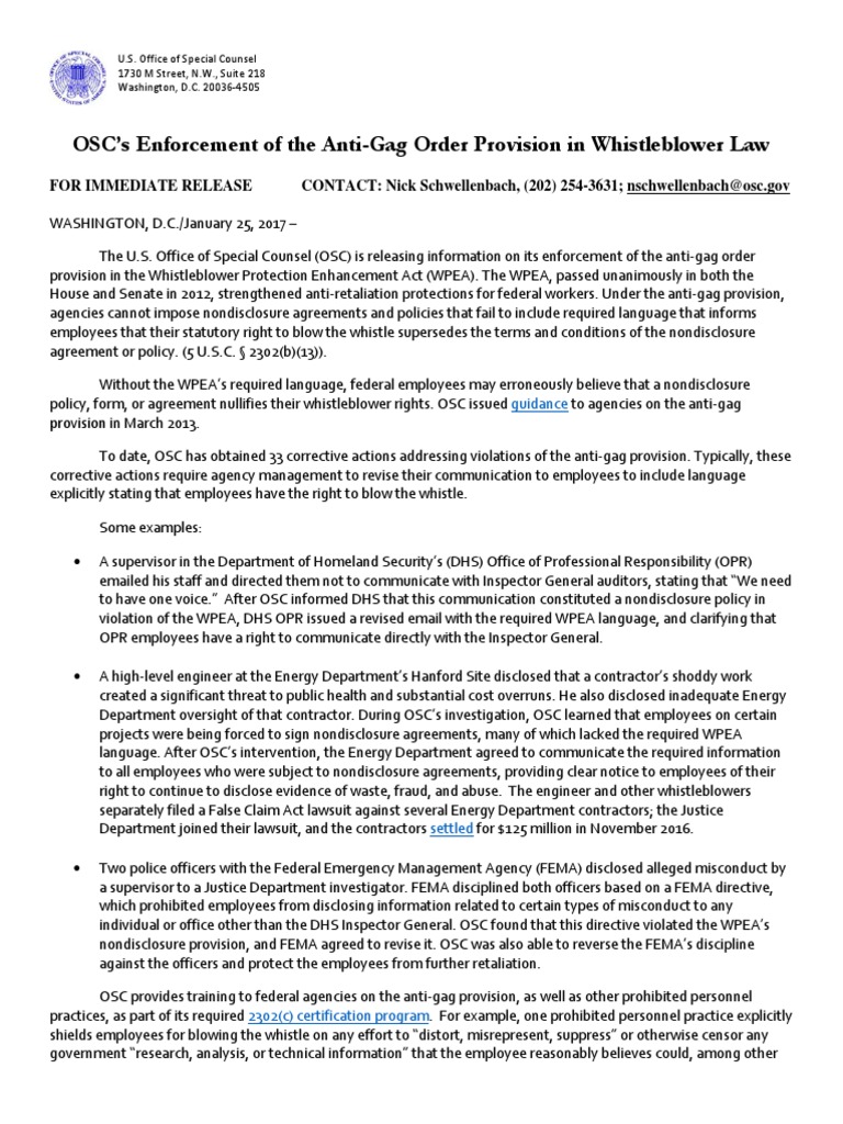 OSC's Enforcement of The Anti-Gag Order Provision in Whistleblower Law ...