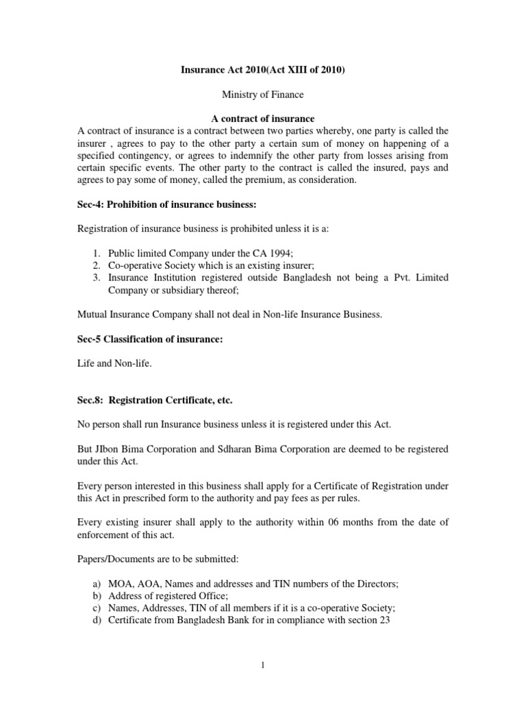 Insurance Act 2010 PDF | PDF | Reinsurance | Indemnity