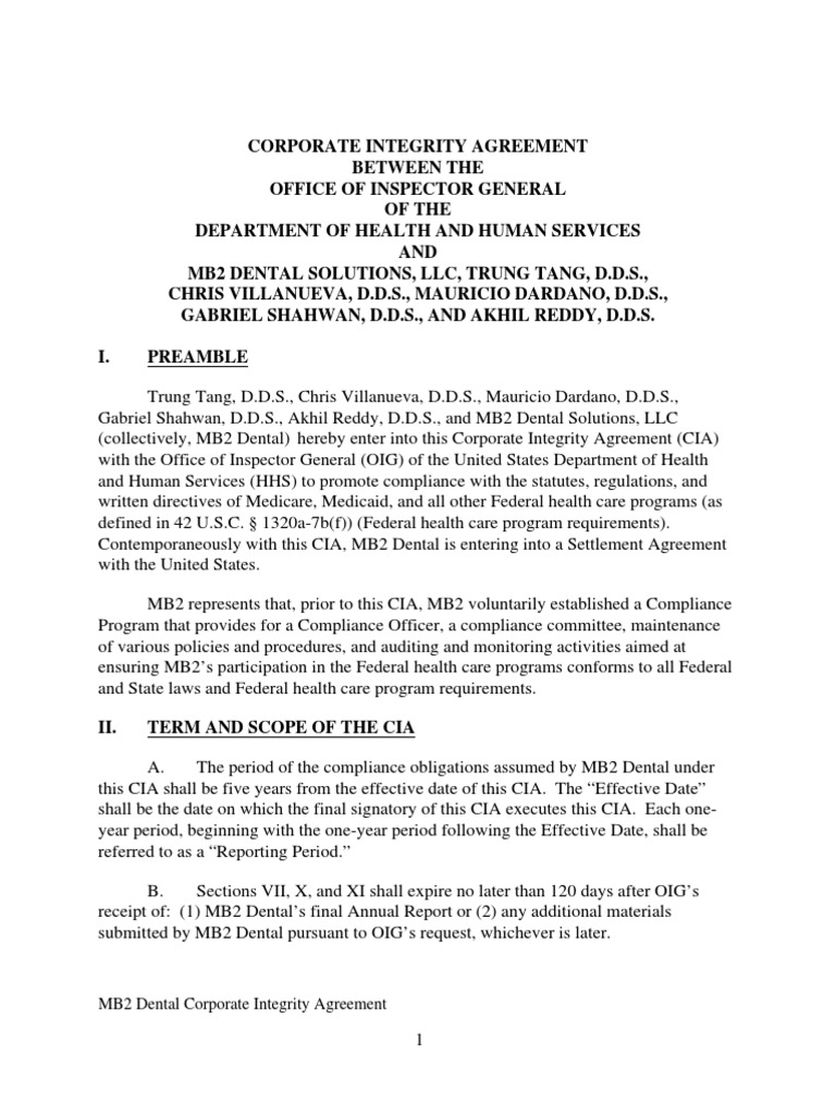 MB2 Dental Solutions-Corporate Integrity Agreement | PDF | Internal ...
