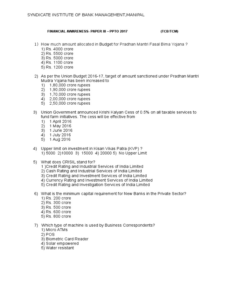 Financial Awareness Paper III | PDF | Reserve Bank Of India | Rupee