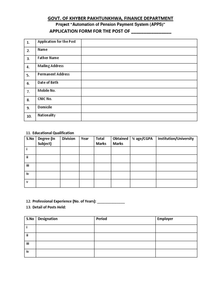Govt. of Khyber Pakhtunkhwa, Finance Department Application Form For ...