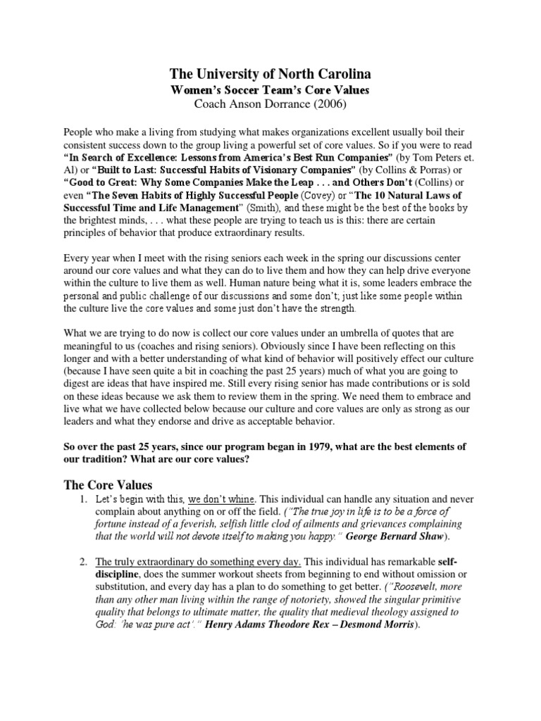 UNC Women's Soccer - Core Values by Anson Dorrance | PDF | Science ...