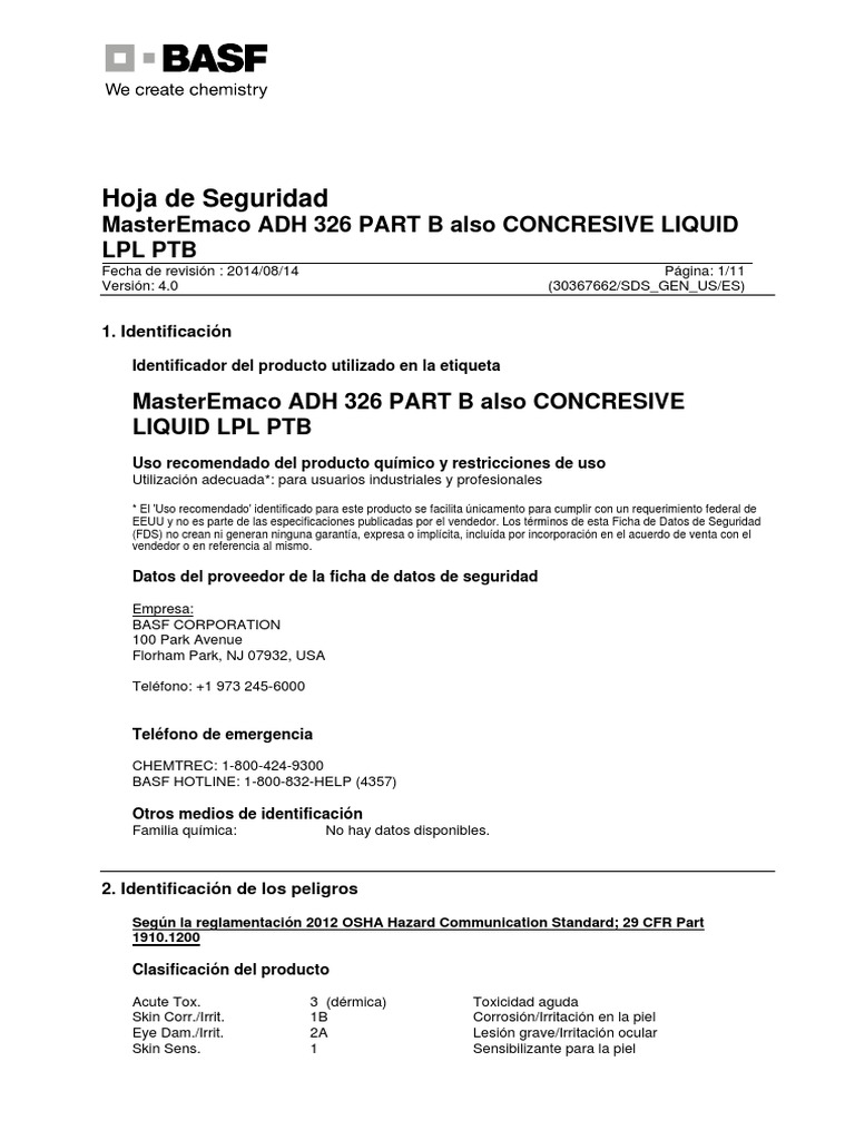 Msds Basf Concresive Liquid LPL PTB | PDF | Toxicidad | Toxicología