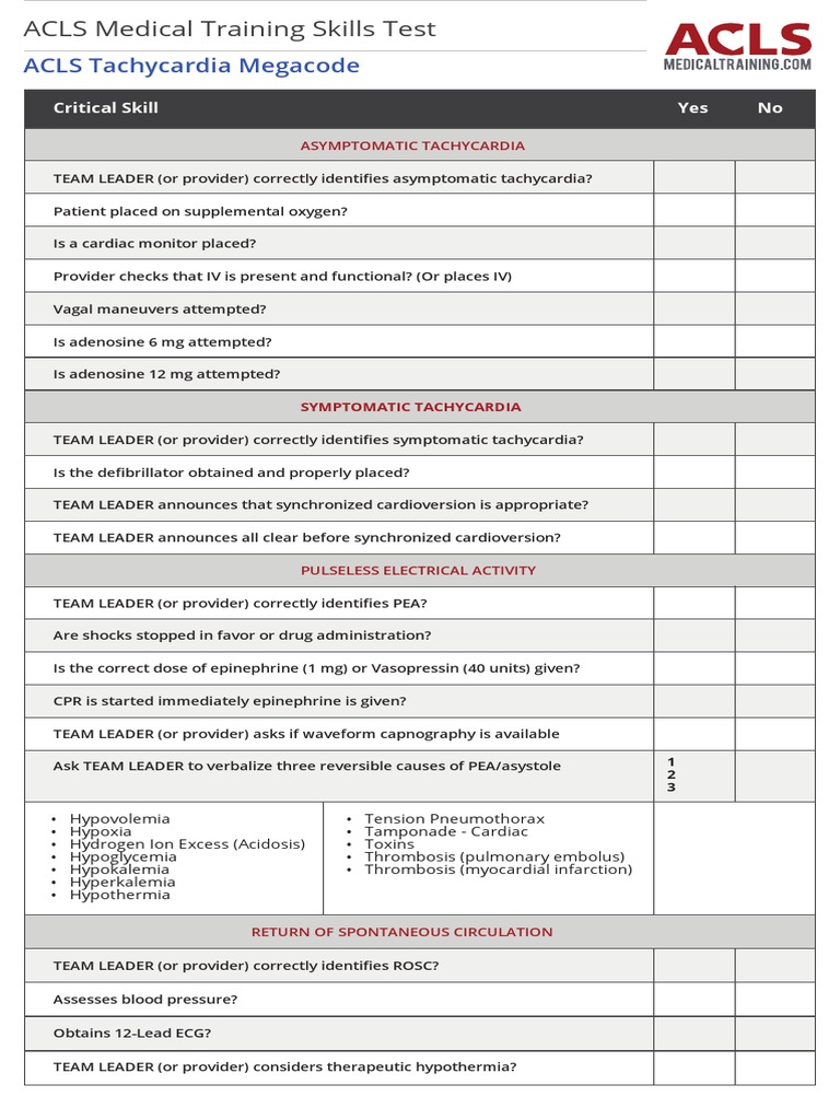 ACLS Megacode Skills Checklist | PDF | Self-Improvement | Science ...