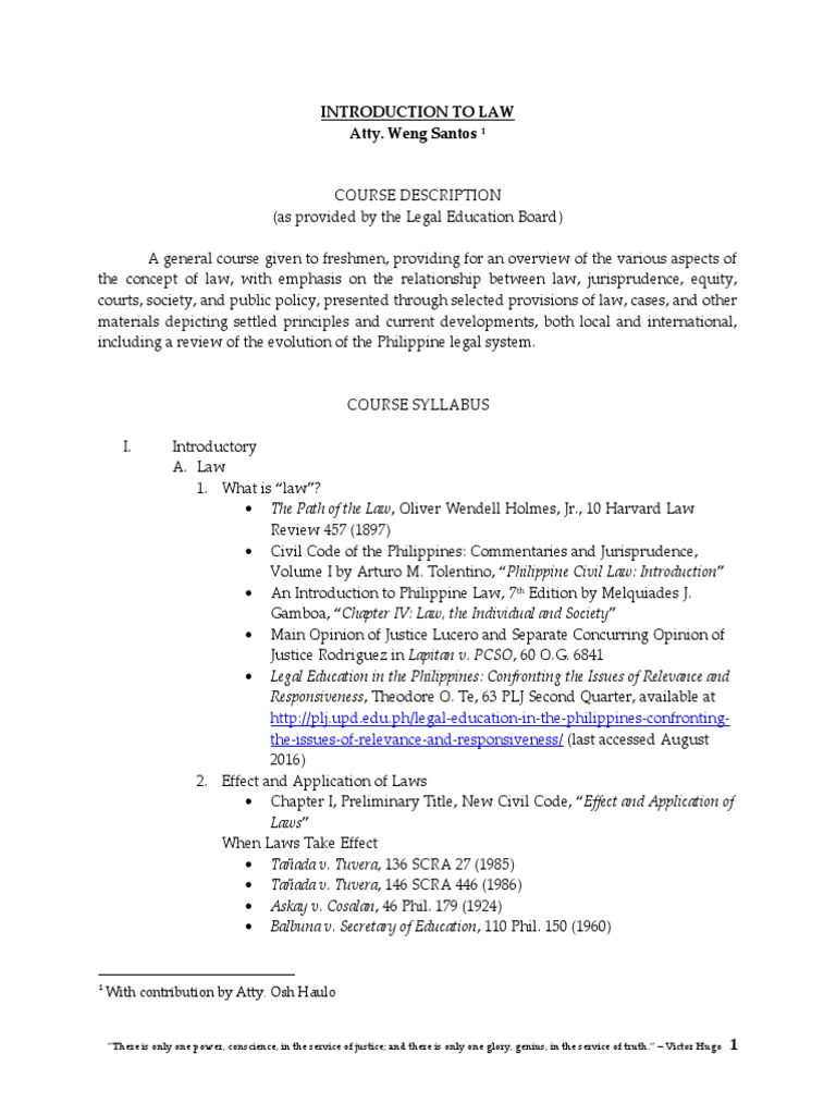 Intro To Law Syllabus | PDF | Precedent | Judiciaries