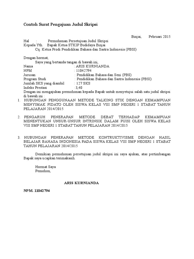 Contoh Surat Pengajuan Judul Skripsi | PDF