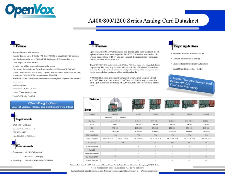 A400 A800 A1200 Series Analog Card Datasheet PDF | PDF