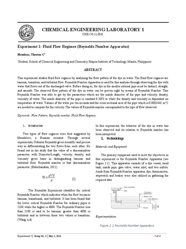 Experiment 1 - ChE Lab | Reynolds Number | Fluid Dynamics