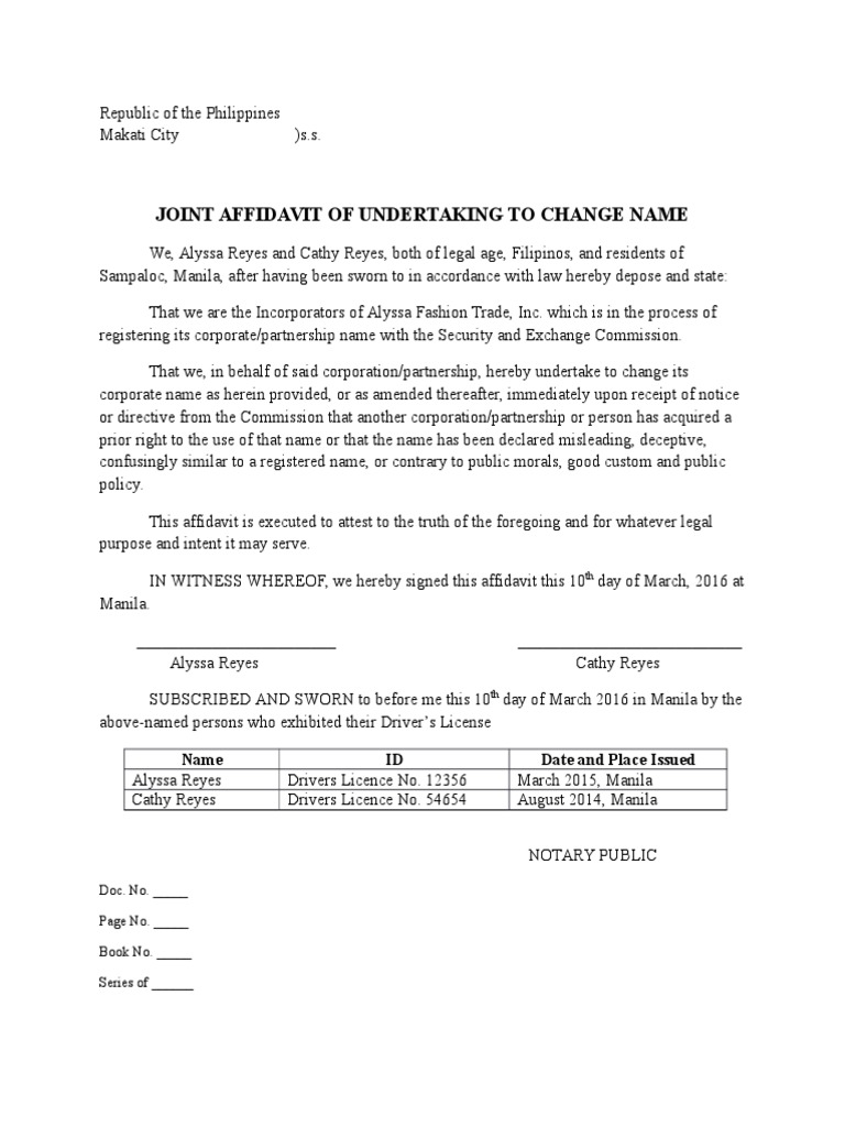 Joint Affidavit (Change Name)