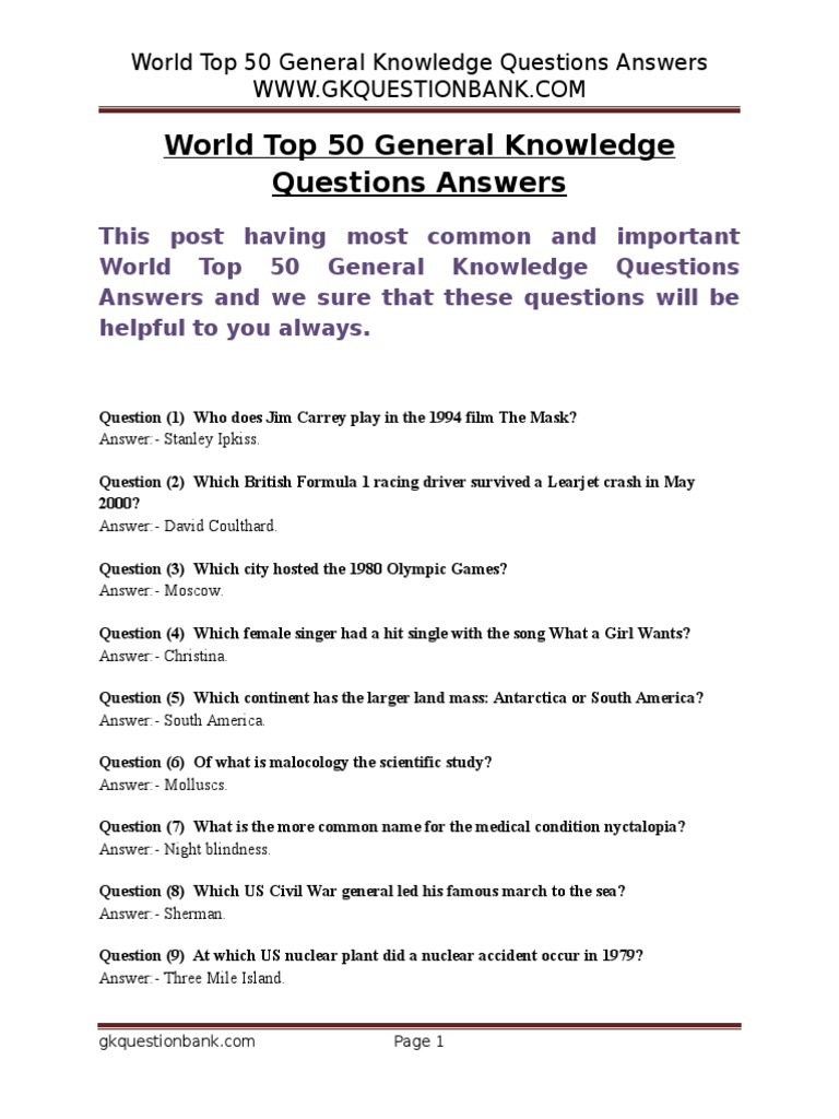 World Top 50 General Knowledge Questions Answers | PDF | Leisure | Sports