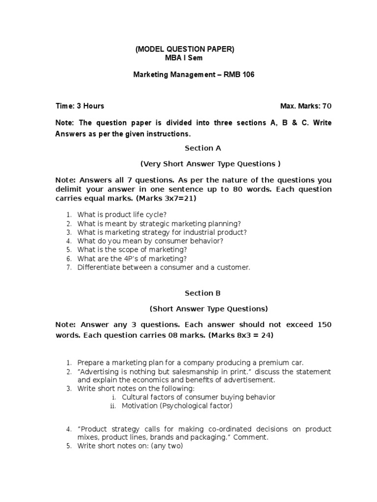 MBA Marketing Management Question Paper | PDF | Promotion (Marketing ...