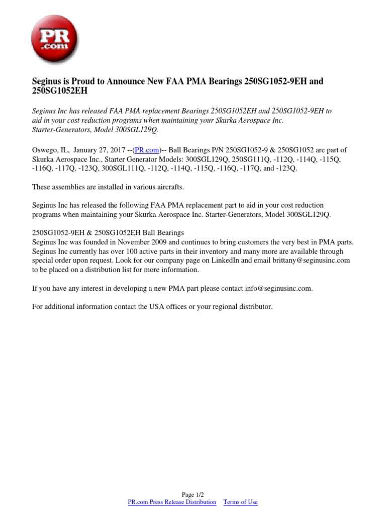 Seginus Is Proud To Announce New Faa Pma Bearings 250sg1052 9eh And