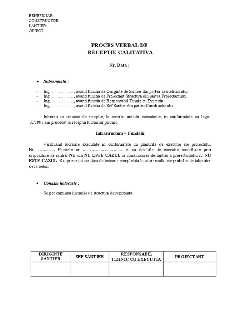 Proces Verbal de Receptie Calitativa - Infrastructura | PDF