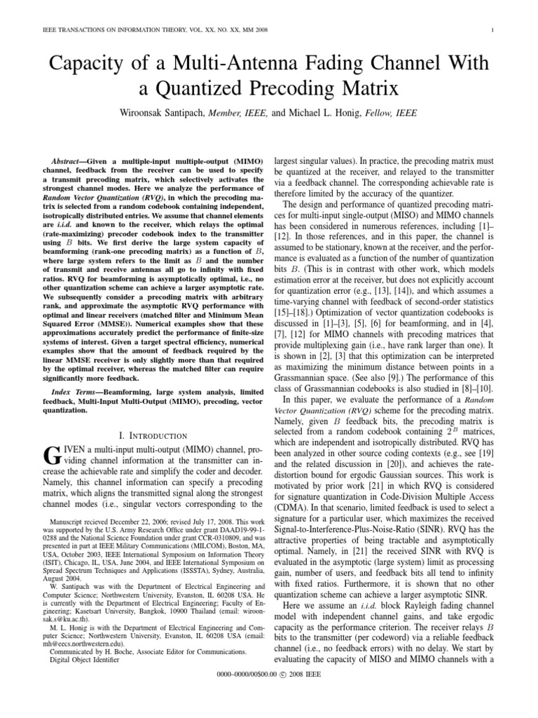 Capacity of A Multi-Antenna Fading Channel With A Quantized Precoding Matrix | PDF | Mimo ...