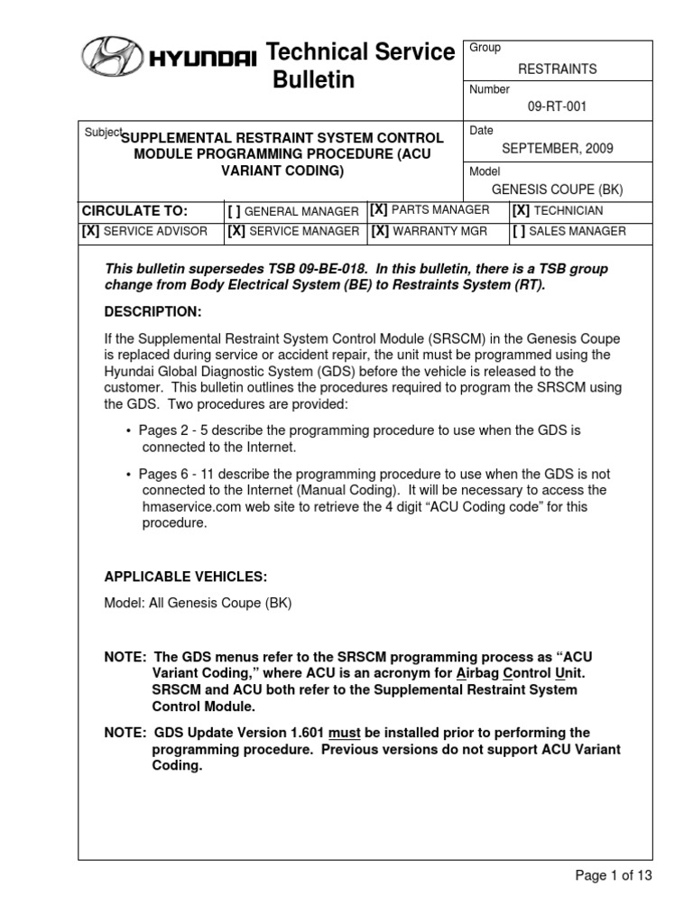 Hyundai Supplemental Restraint System Control Module Programming ...