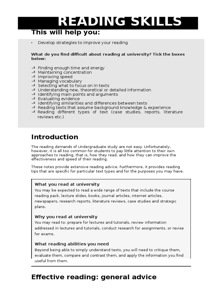 Reading Skills | Download Free PDF | Reading (Process) | Reading Comprehension