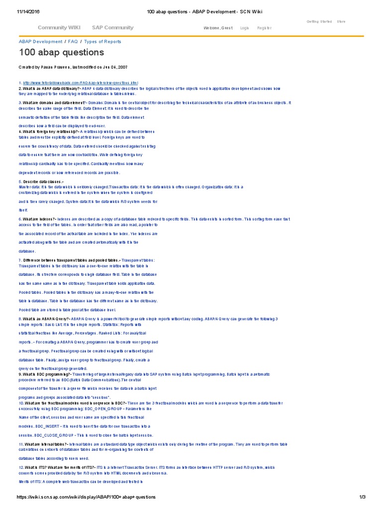 100 Abap Questions - ABAP Development - SCN Wiki | PDF | Databases ... 100 Abap Questions - ABAP Development - SCN Wiki | PDF | Databases ...